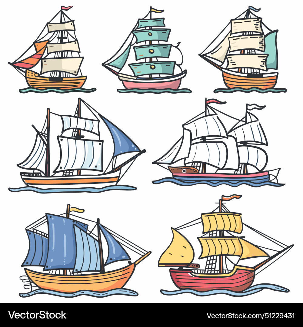 Collection colorful sailboats doodle Royalty Free Vector