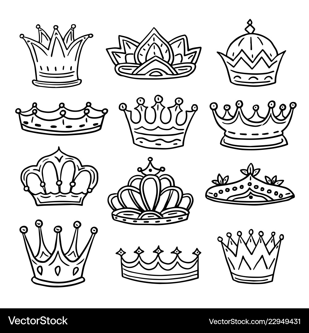 Hand drawn crowns king queen doodle crown Vector Image
