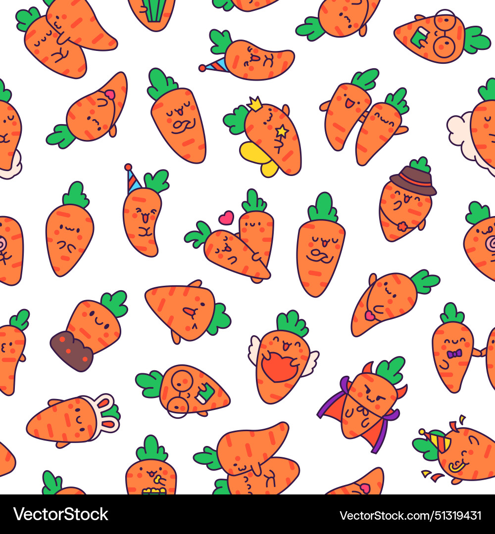 Kawaii Carrot With Funny Faces Seamless Pattern Vector Image