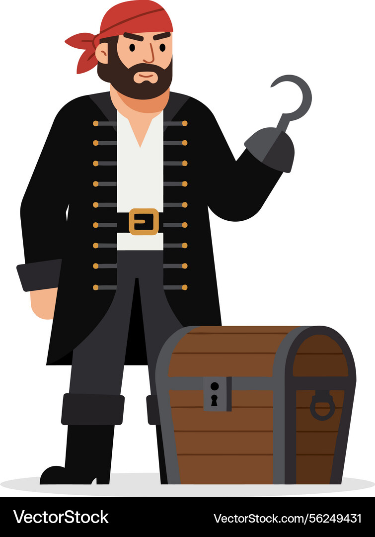 Pirate character in a black coat with hook hand Vector Image