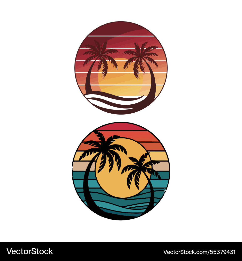 Retro sunset beach scene logos collection Vector Image