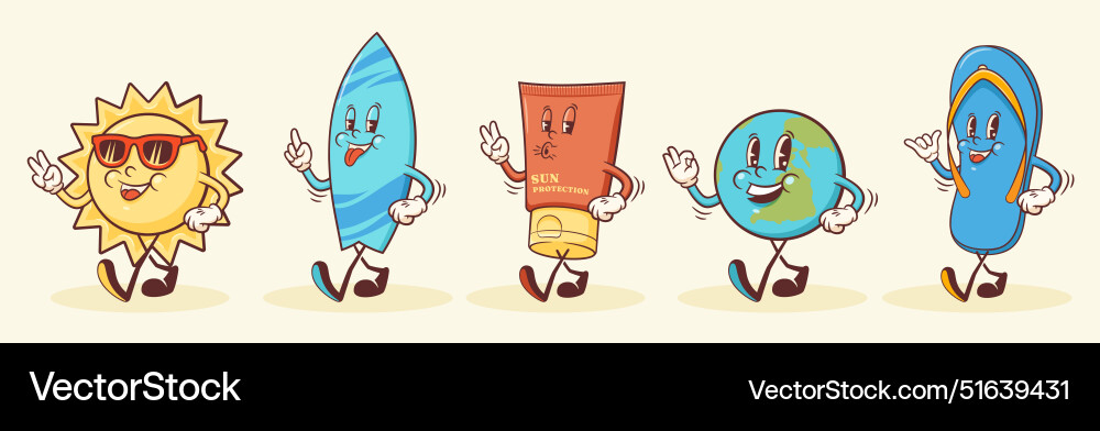 Summer retro cartoon characters set groovy sun Vector Image