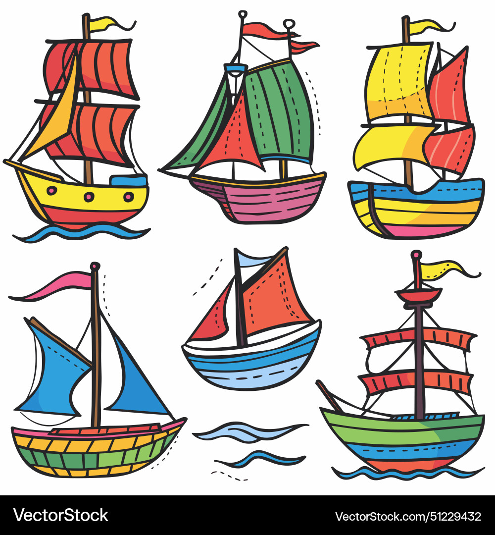 Colorful sailing ships doodle set handdrawn style Vector Image