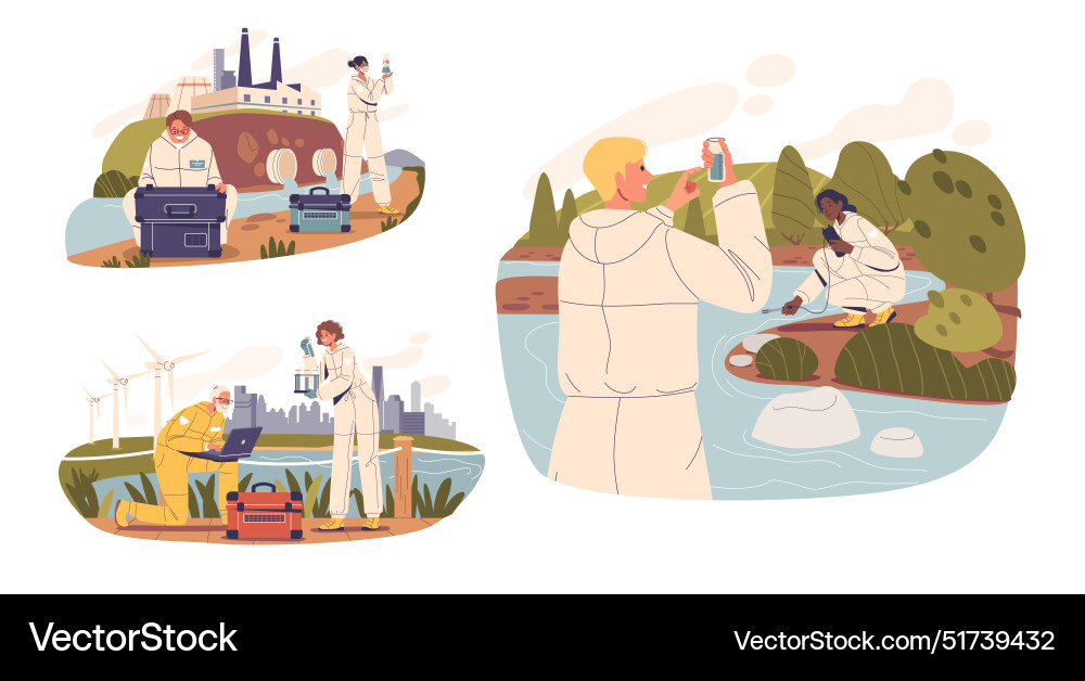 Scientists collecting water samples from various Vector Image