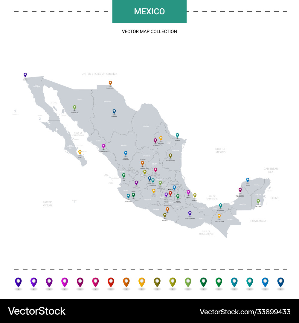 Mexico map with location pointer marks Royalty Free Vector