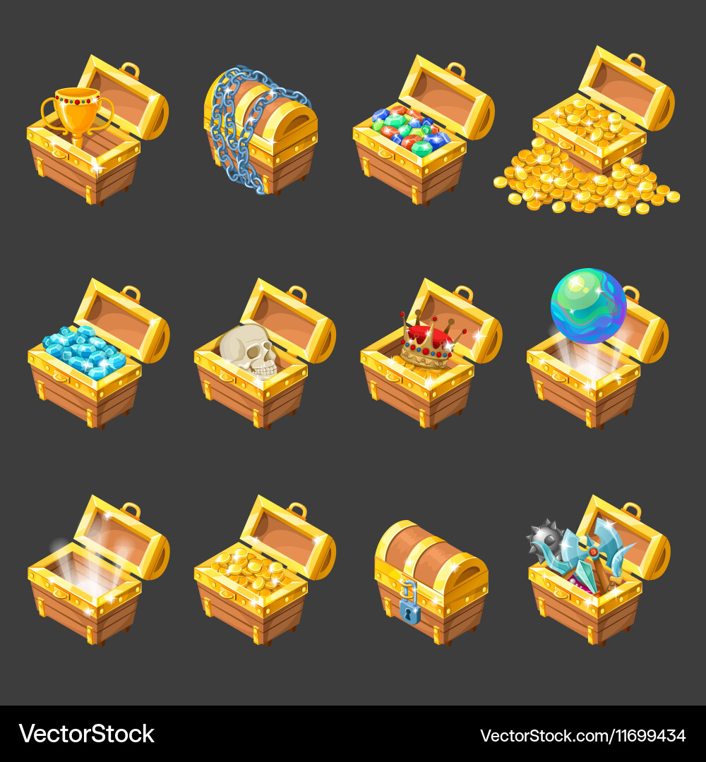 Isometric Treasure Chests with Coins Royalty Free Vector