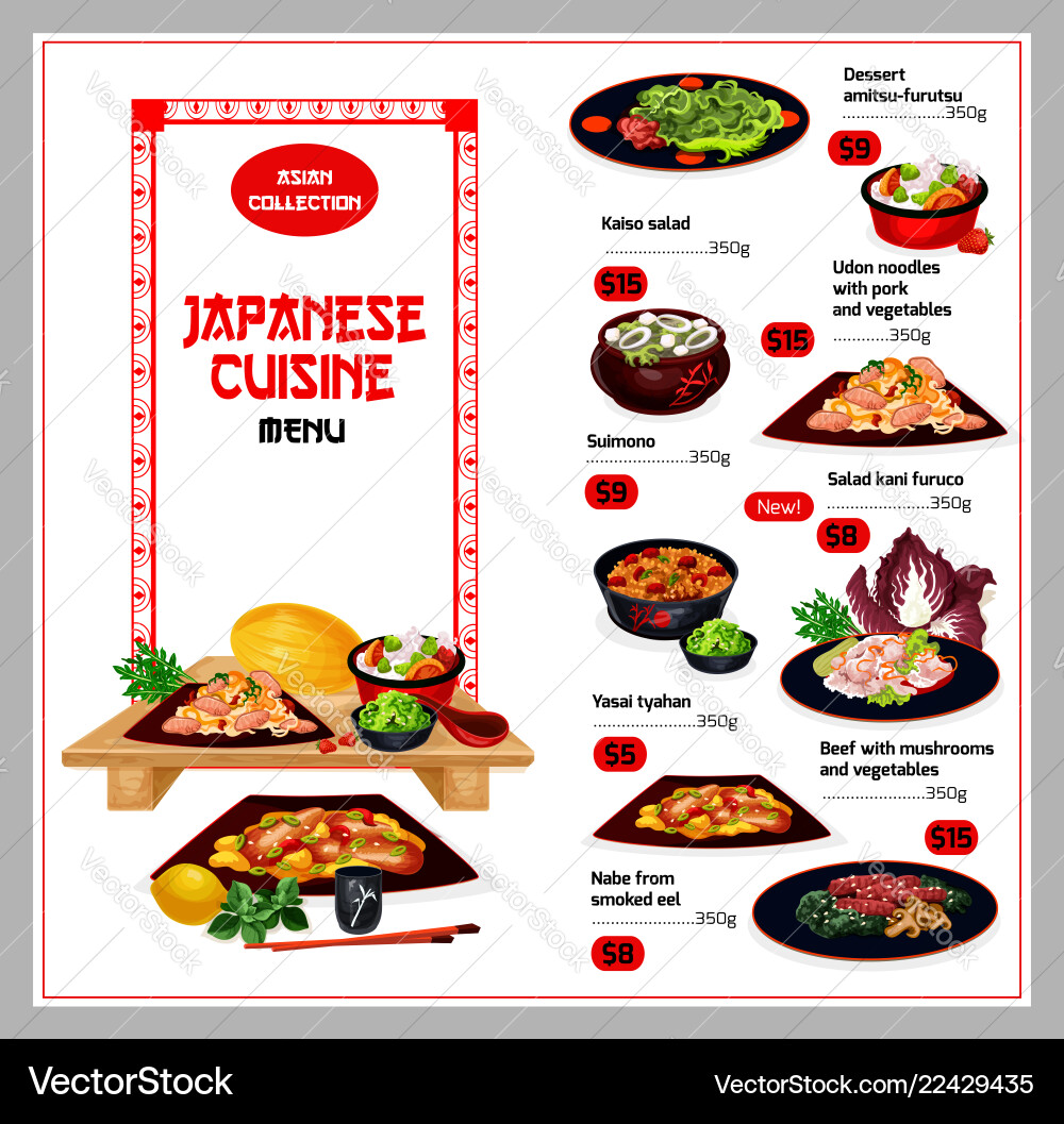 Japanese cuisine traditional dishes menu Vector Image