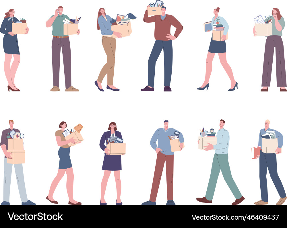 Office people holding boxes layoff or relocation Vector Image