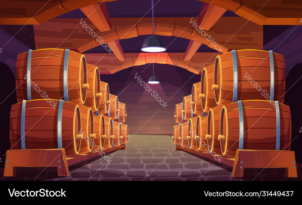 Wooden barrels with wine in cellar Royalty Free Vector Image