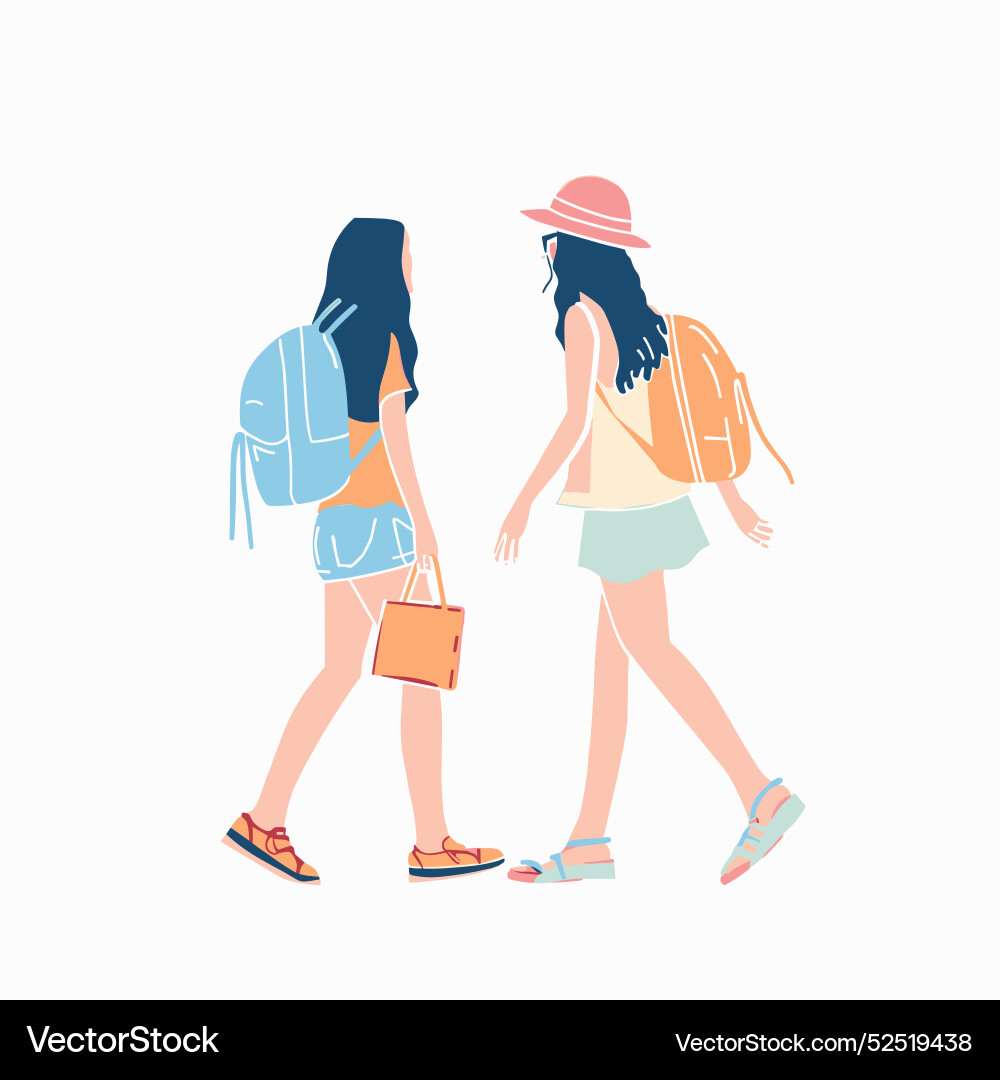 Two young women walking one holding bag both Vector Image