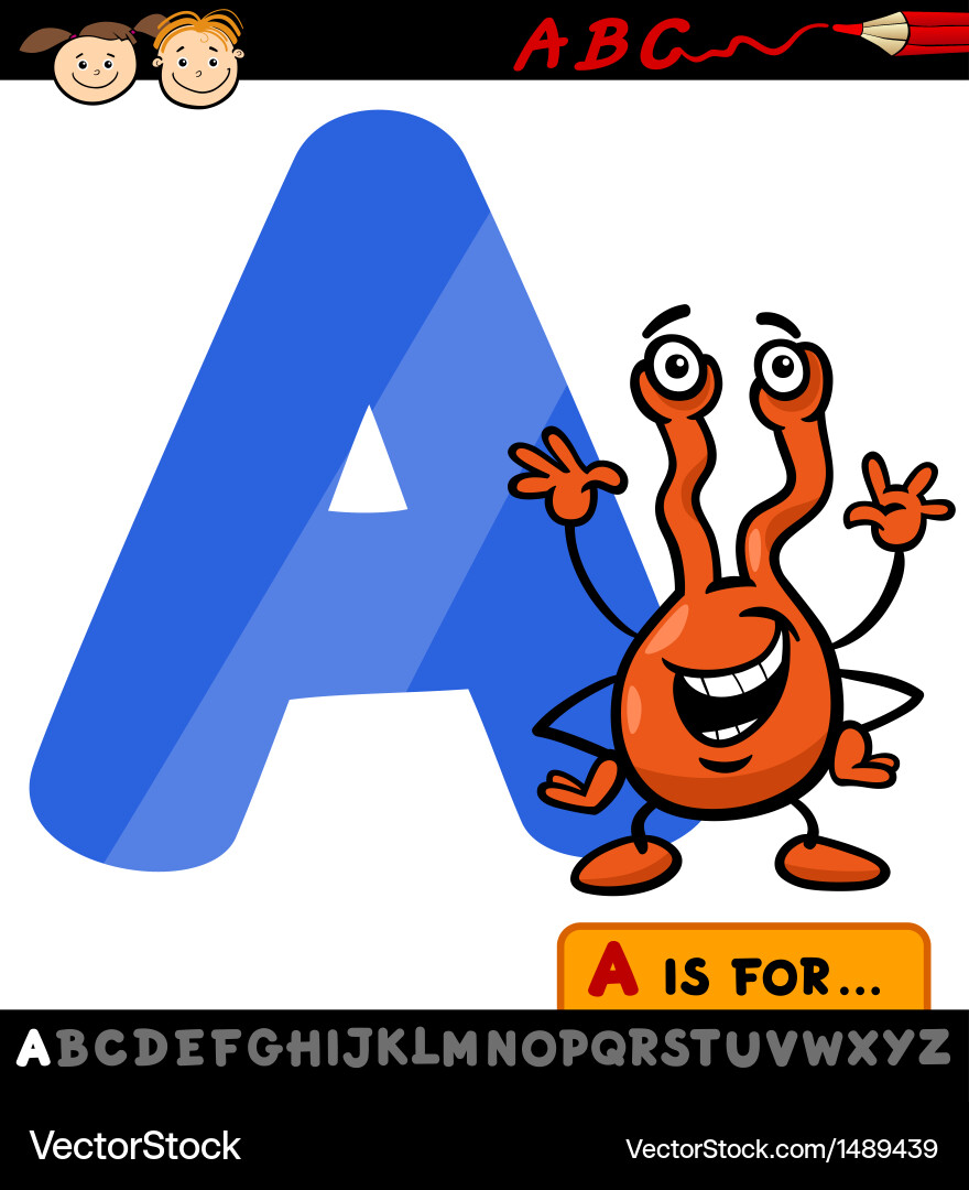 Letter a with alien cartoon Royalty Free Vector Image