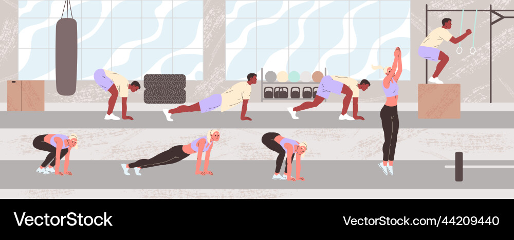 Burpee exercise performs man and woman in gym Vector Image