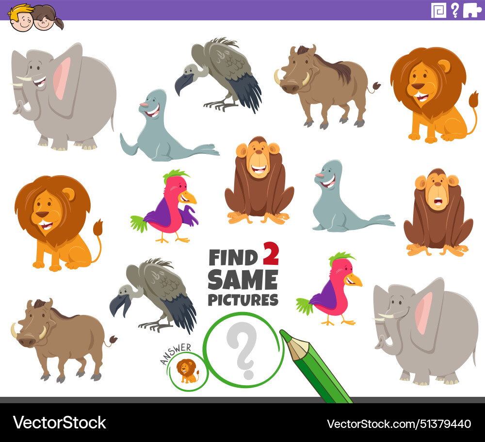 Find two same cartoon animal characters activity Vector Image