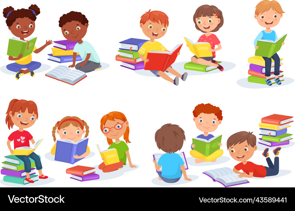 Reading kid cartoon children read book Royalty Free Vector