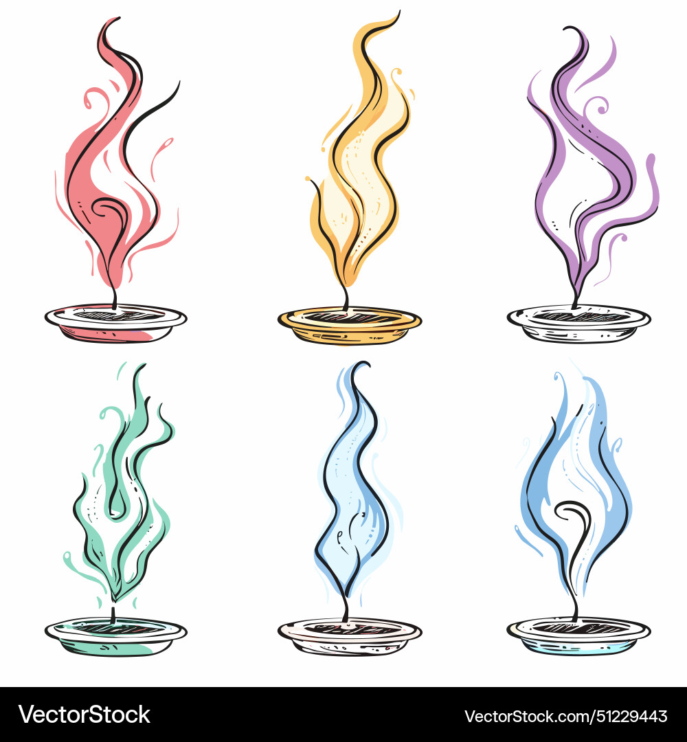 Six colorful incense sticks smoke Royalty Free Vector Image