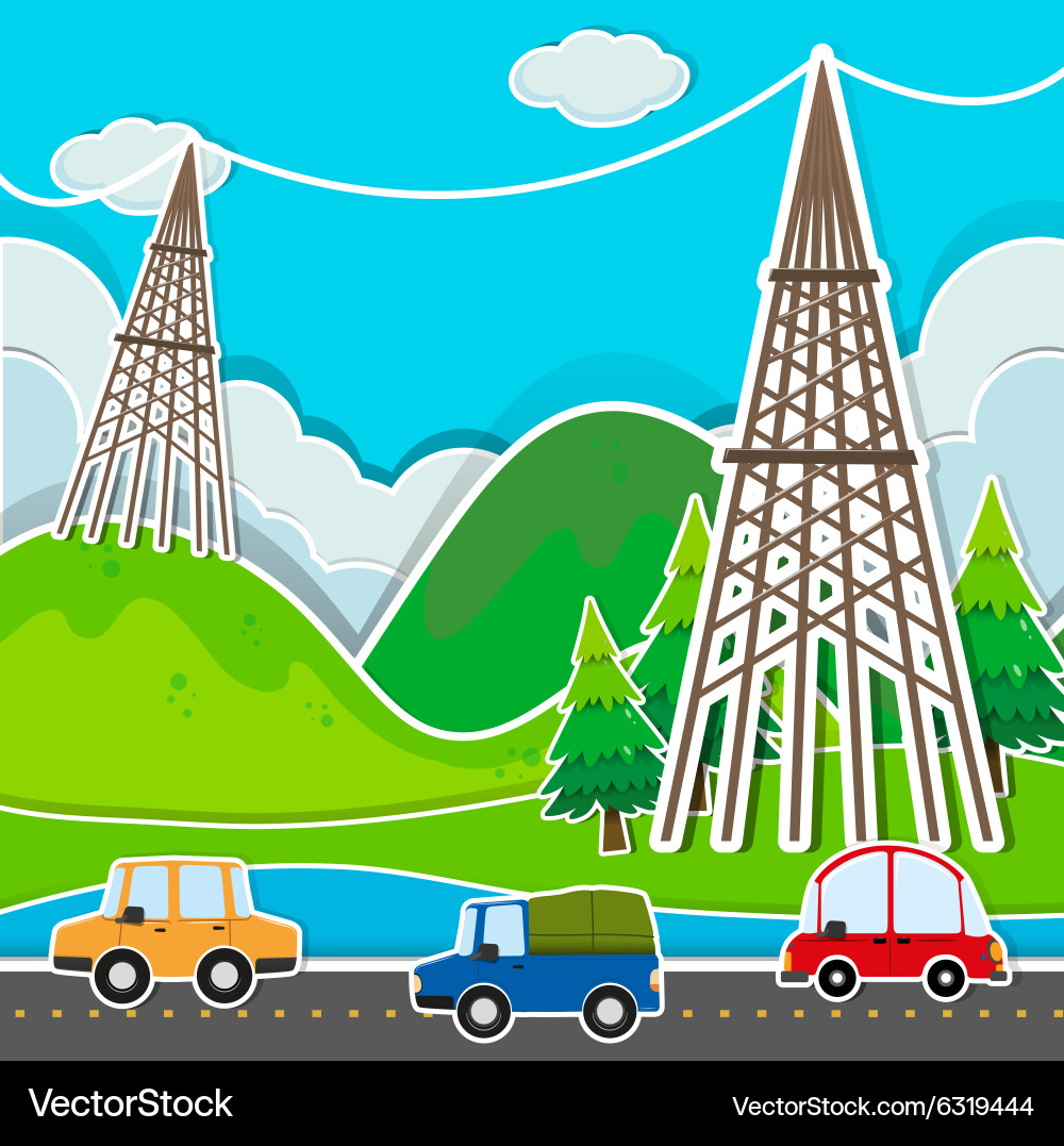 Scene with cars and power line Royalty Free Vector Image