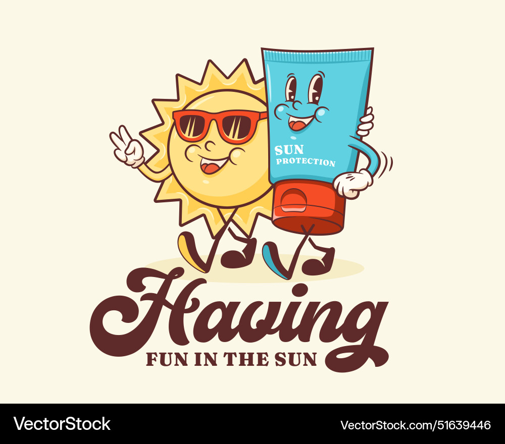 Groovy sun and sunscreen cream retro characters Vector Image