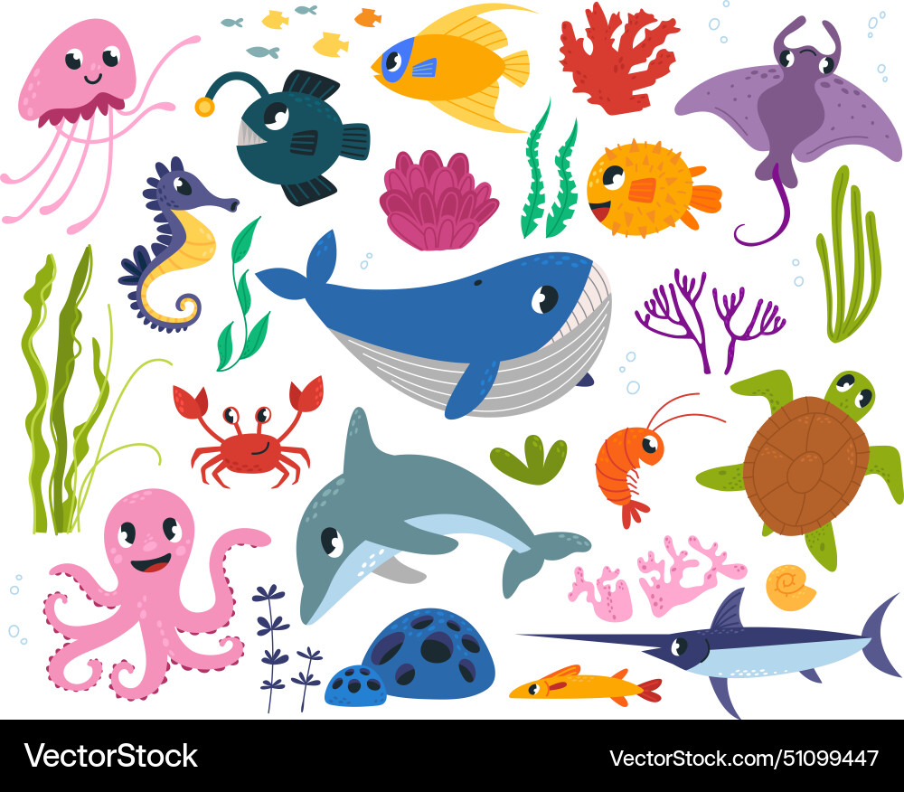 Ocean cute animals underwater life characters Vector Image