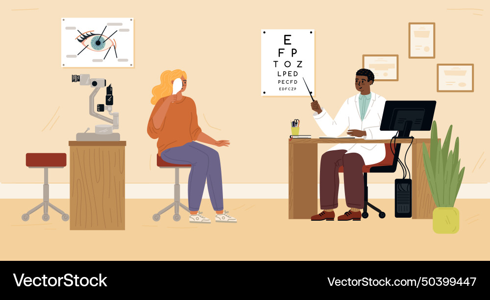 Ophthalmologist and patient flat character Vector Image