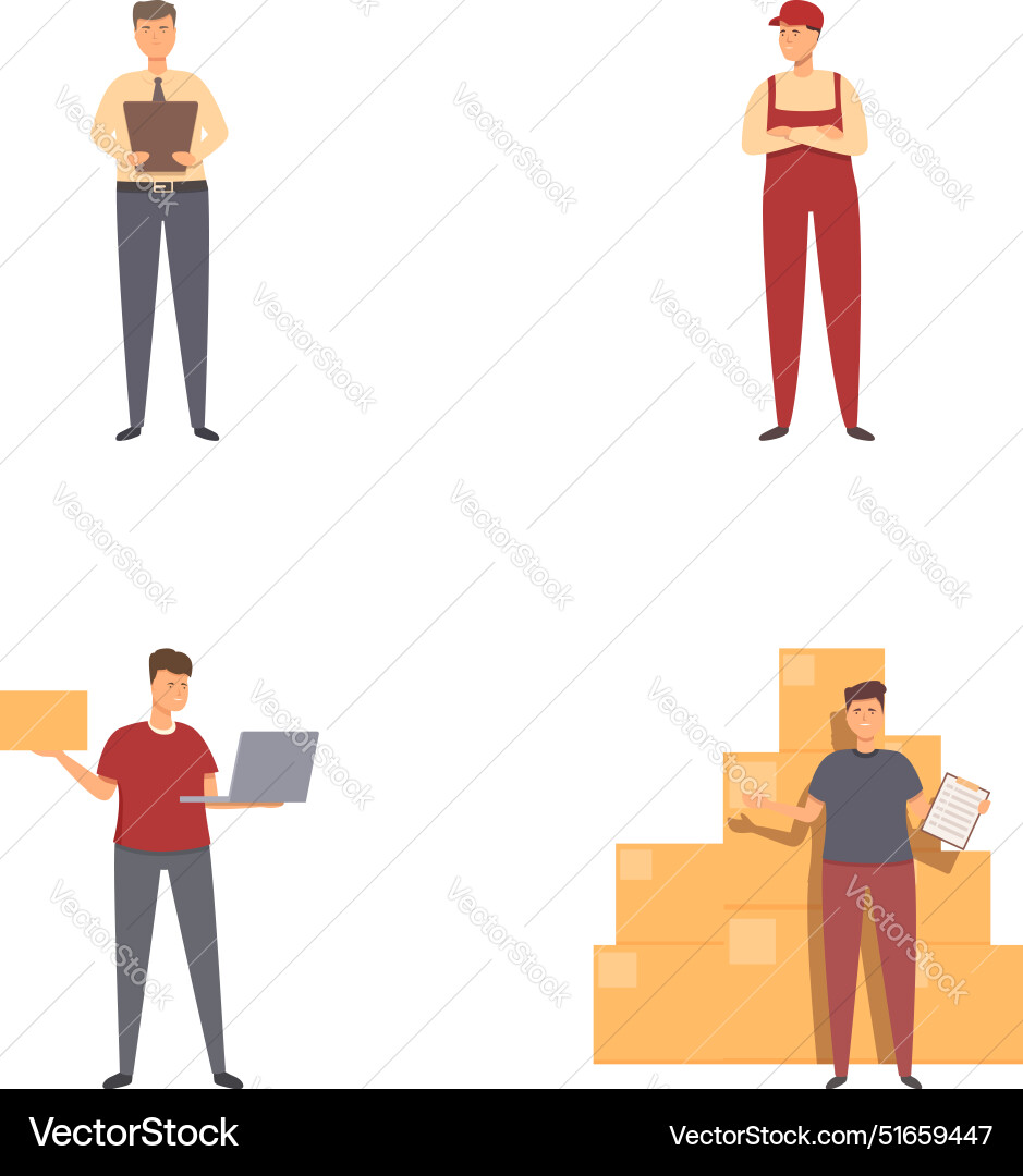 Set of delivery workers performing various tasks Vector Image