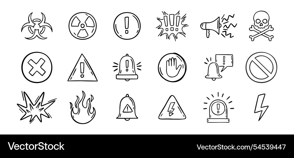 Warning doodle hand drawn icons set danger Vector Image