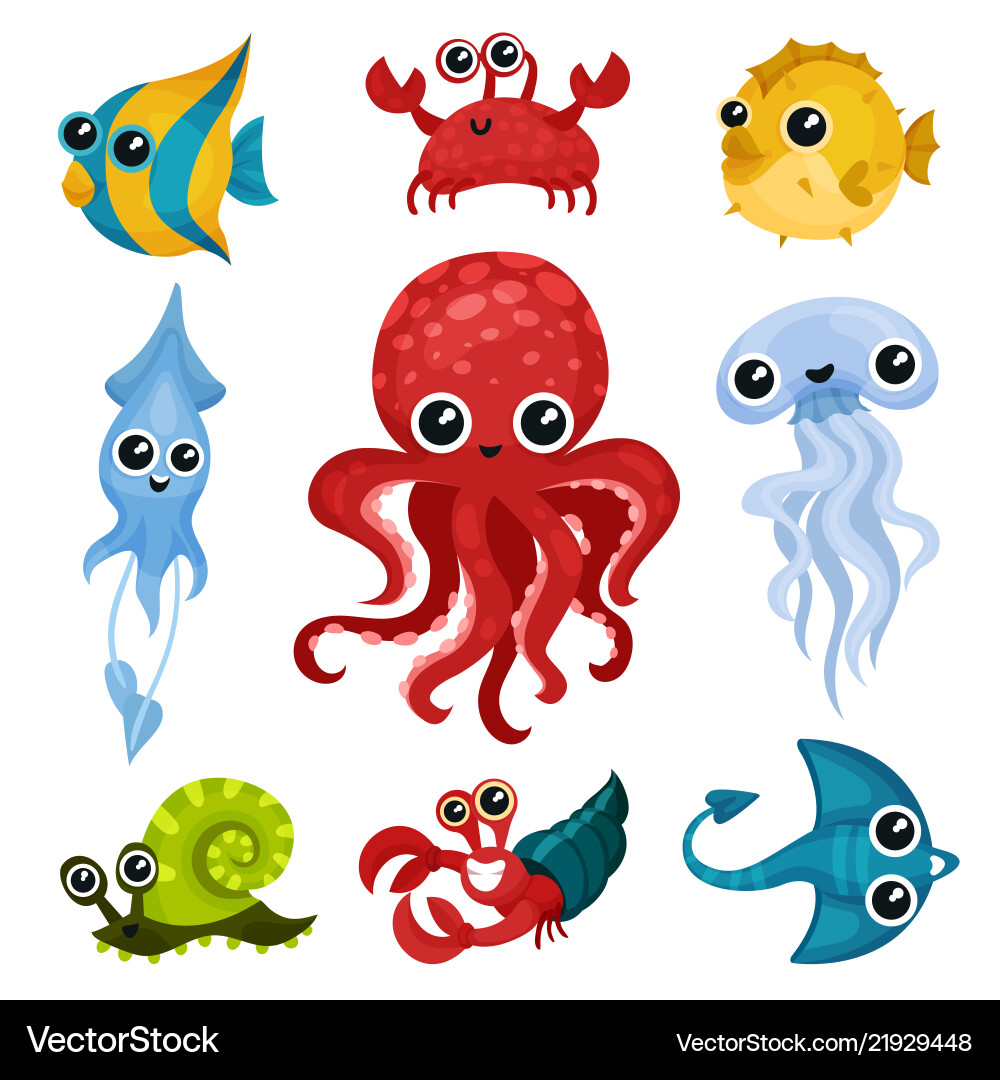 Flat set of different ocean animals marine Vector Image