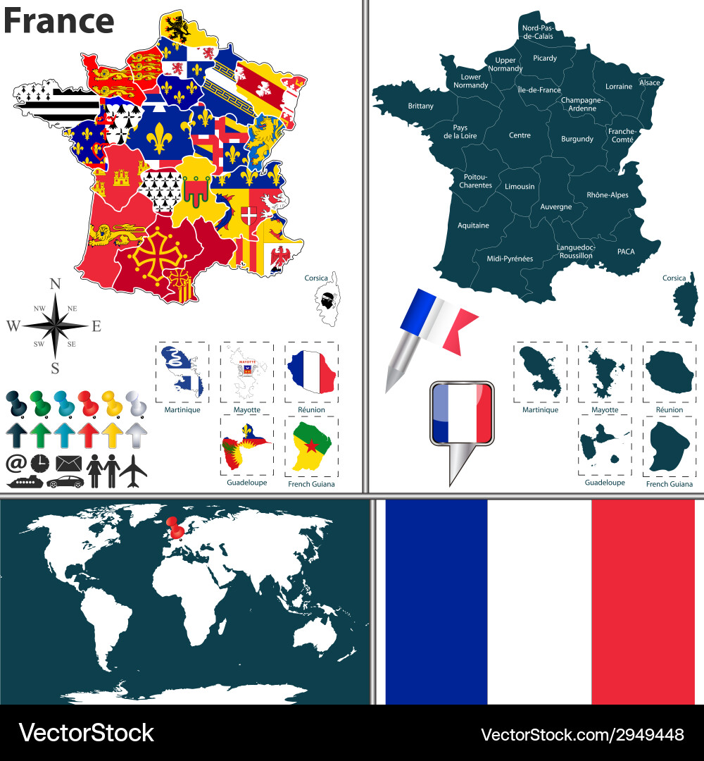 France map with regions and flags Royalty Free Vector Image