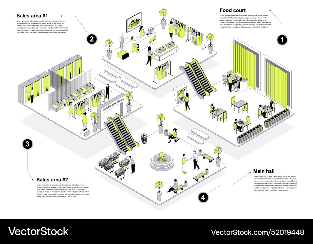 Shopping mall 3d isometric concept in outline Vector Image