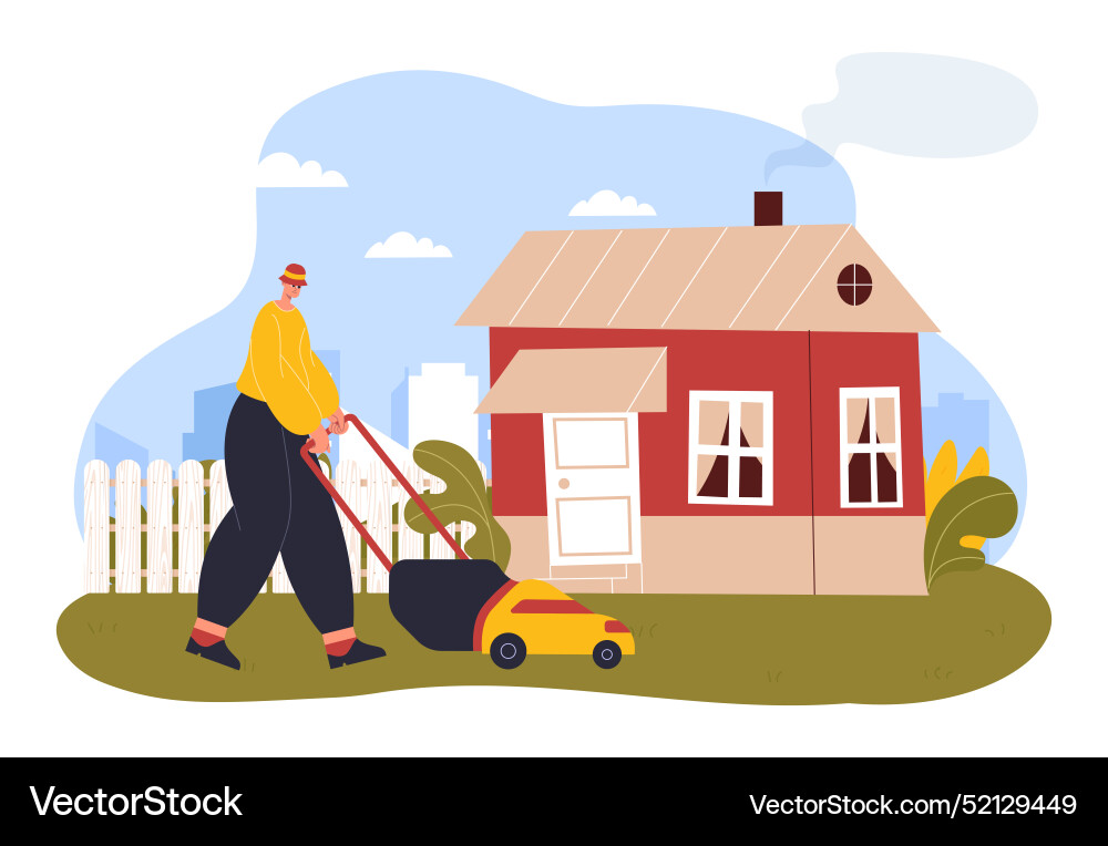 Gardener man mowing lawn mower cartoon Royalty Free Vector