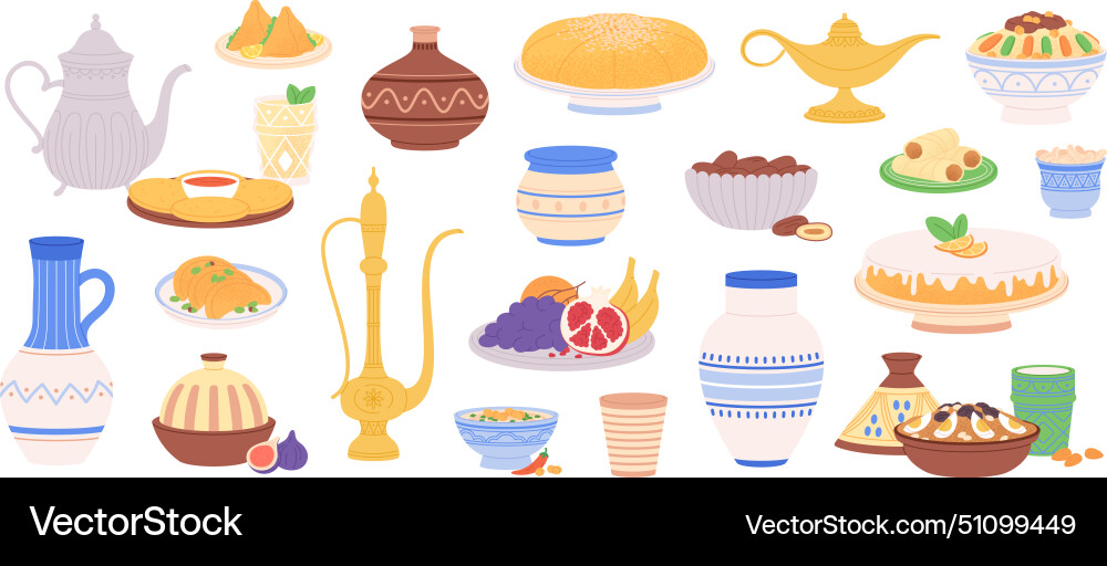 Moroccan food arabic pottery objects traditional Vector Image