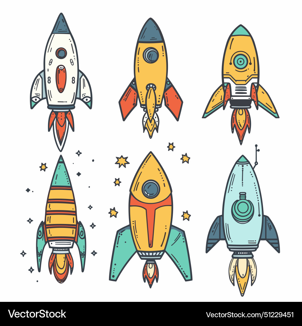Five colorful cartoon rockets displayed against Vector Image