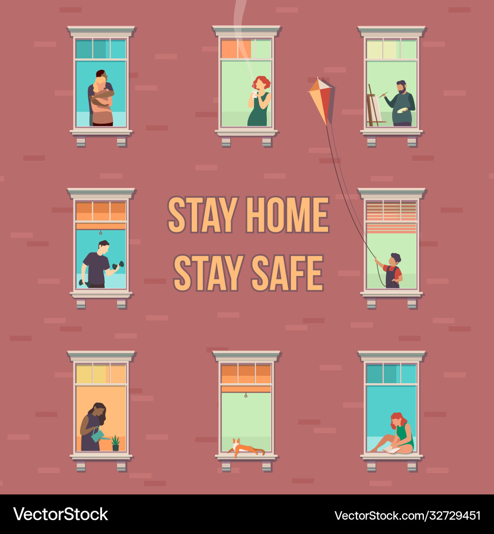 Stay home concept house facade with windows Vector Image