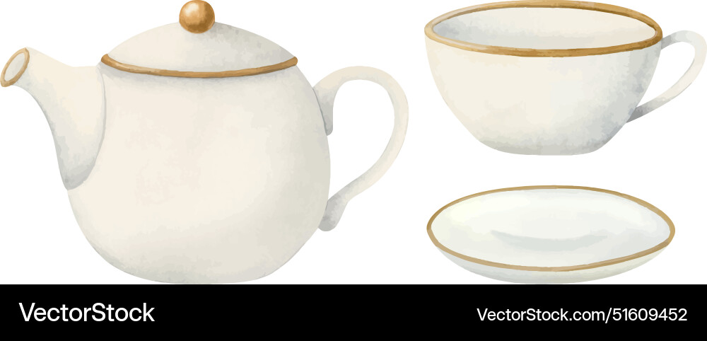 Kitchen white teapot tea cup and small dish set Vector Image