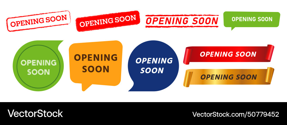 Opening soon stamp speech bubble and ribbon label Vector Image