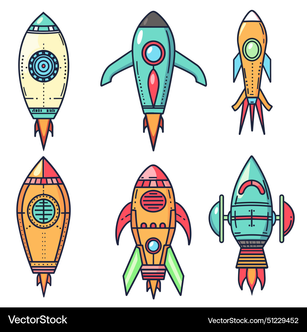 Six colorful cartoon rockets arranged rows three Vector Image