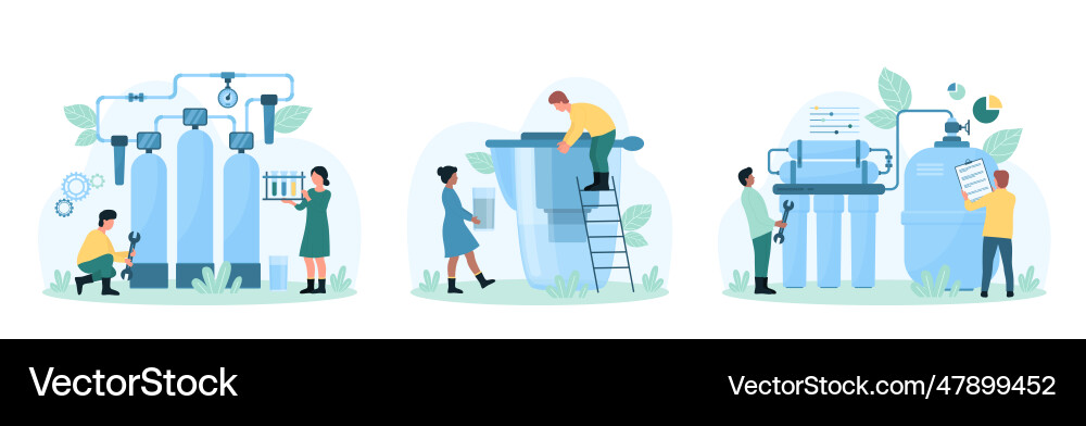 Water purification set tiny people repair Vector Image