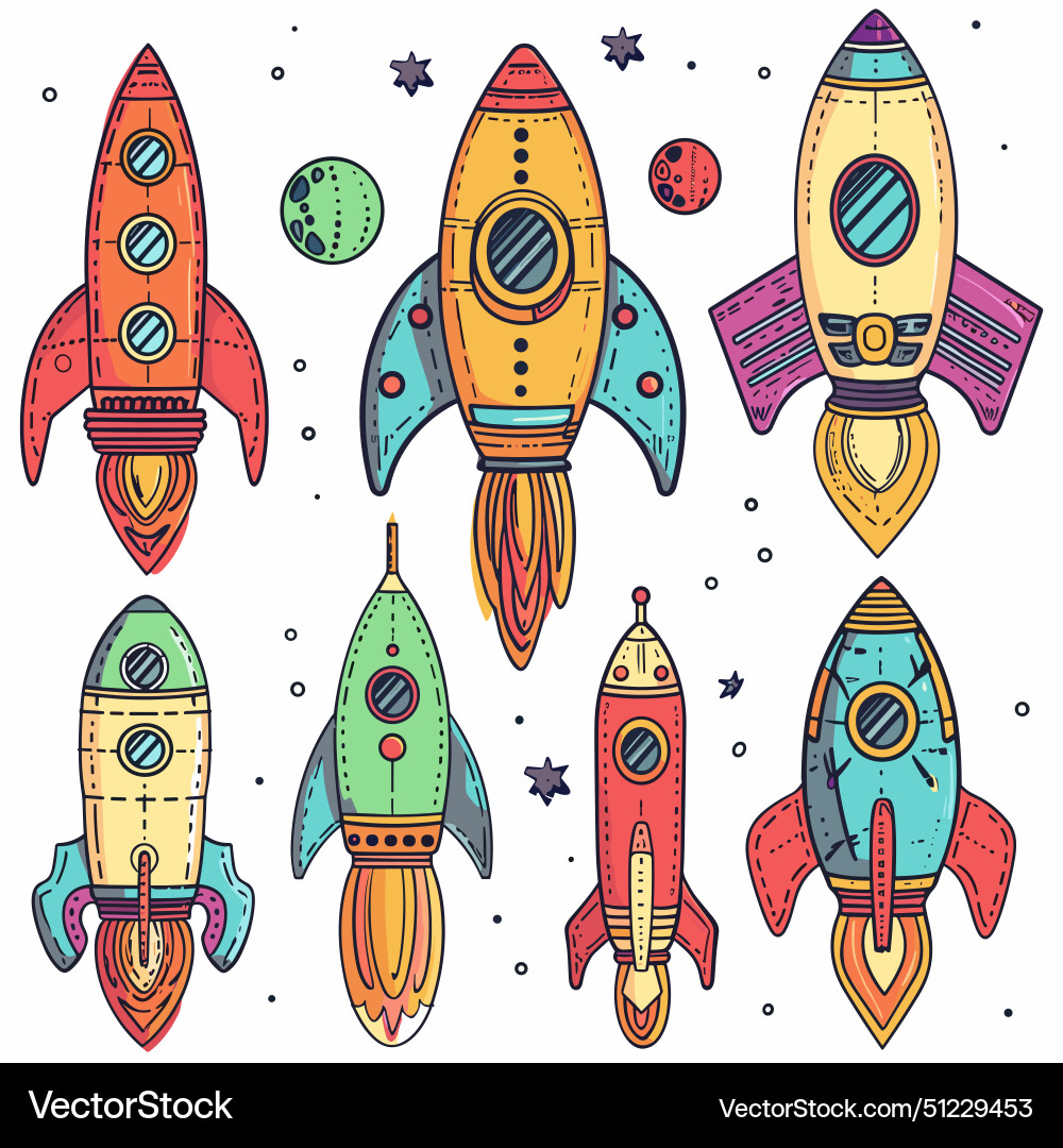 Colorful cartoonstyle rockets surrounded planets Vector Image