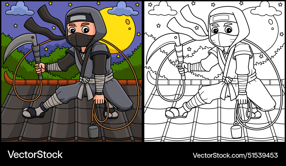 Ninja with a kusarigama coloring page Royalty Free Vector