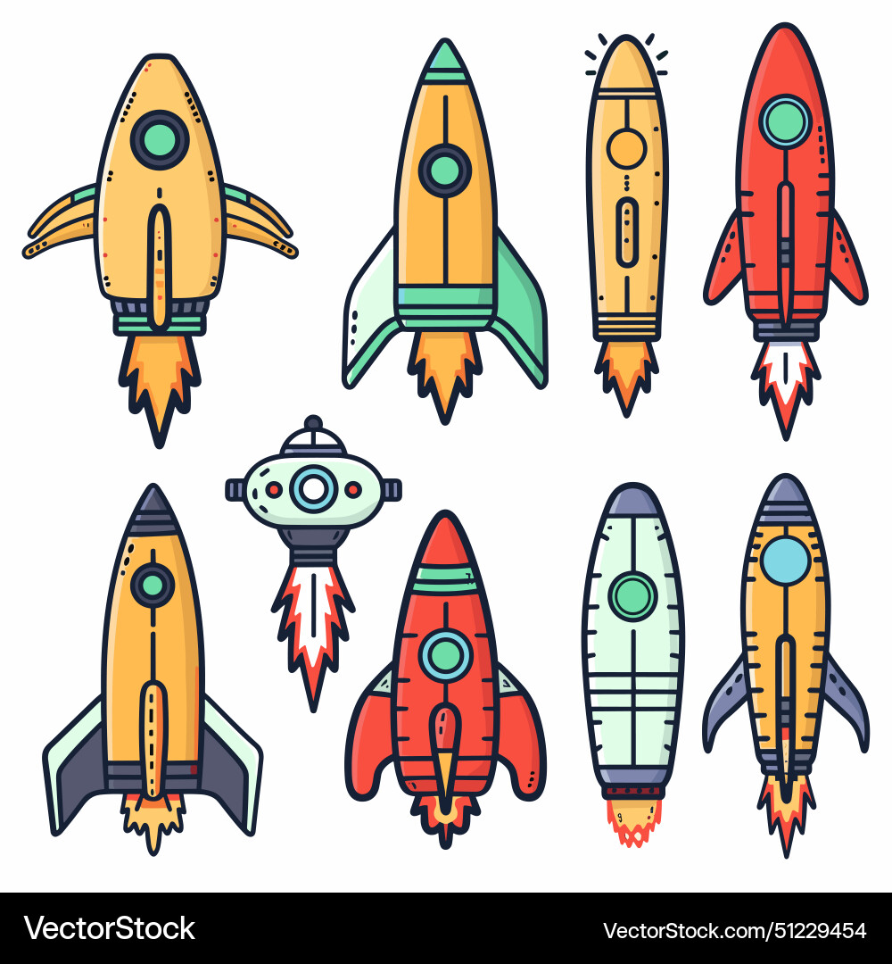 Collection colorful cartoon rockets launch Vector Image