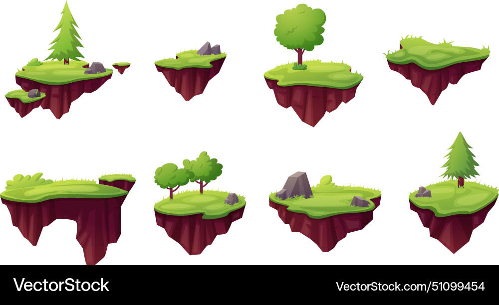 Flying game islands different grounds with stones Vector Image