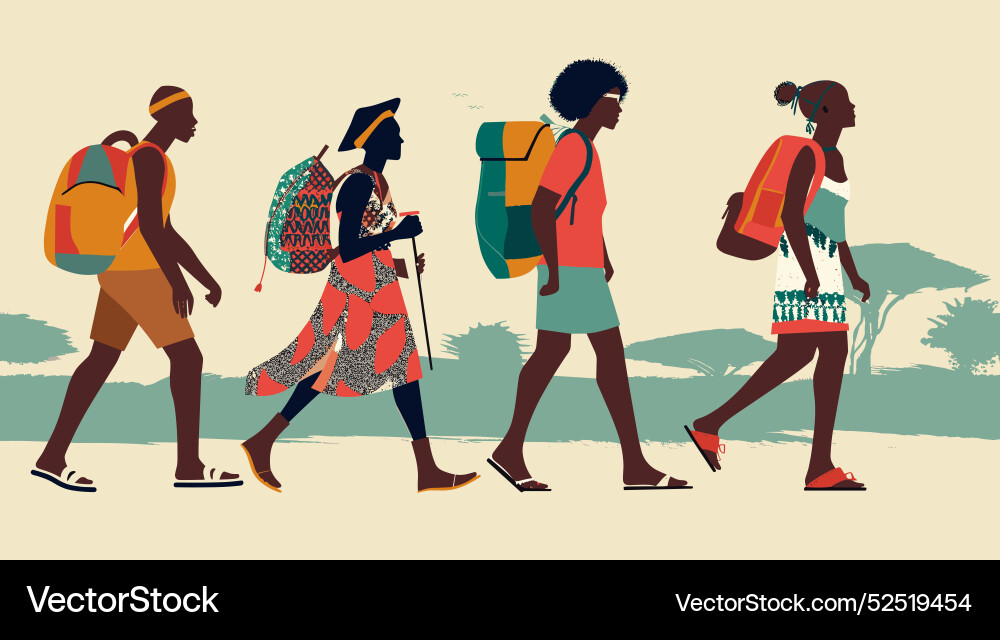 Four individuals carrying backpacks walking across