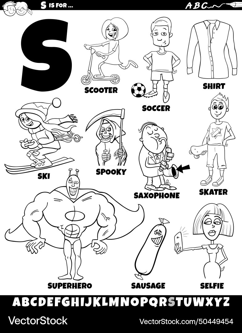 Letter s set with cartoon objects and characters Vector Image