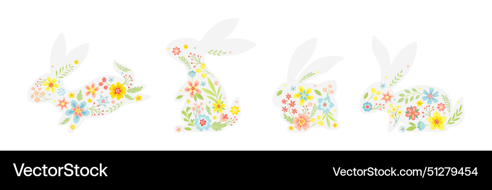 White bunny silhouette with spring flowers Vector Image