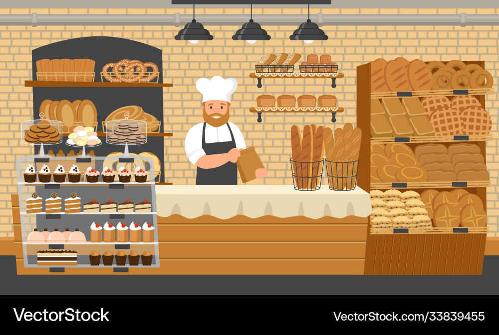 Bakery shop showcases with bread buns and cakes Vector Image