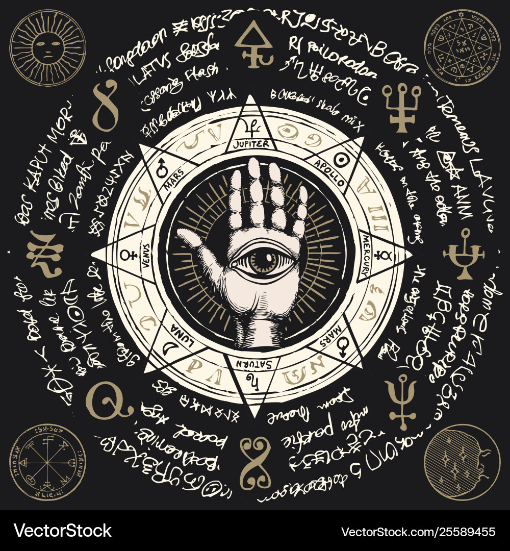 Banner with open hand all seeing eye symbol Vector Image