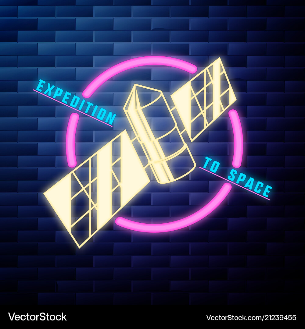 Vintage space emblem glowing neon sign Royalty Free Vector