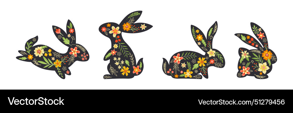 Black bunny silhouette with spring flowers Vector Image