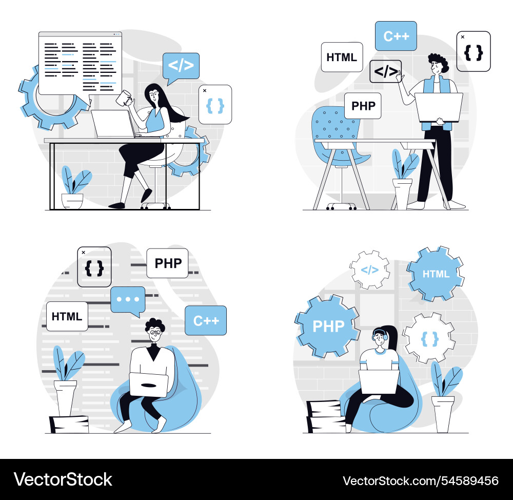 Programmer working concept set in flat design for Vector Image
