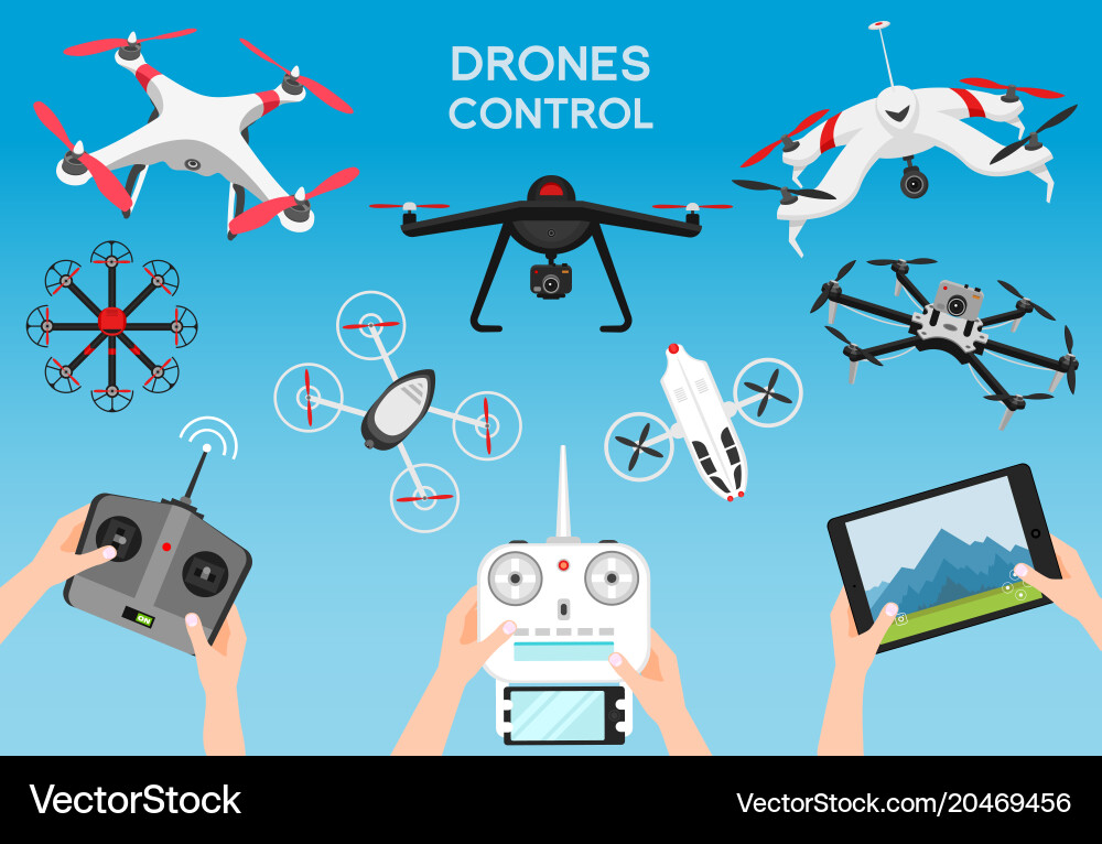Set of modern air drones and remote control Vector Image