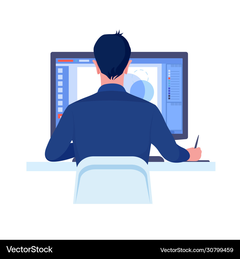 Computer graphics designer work on desk in office Vector Image